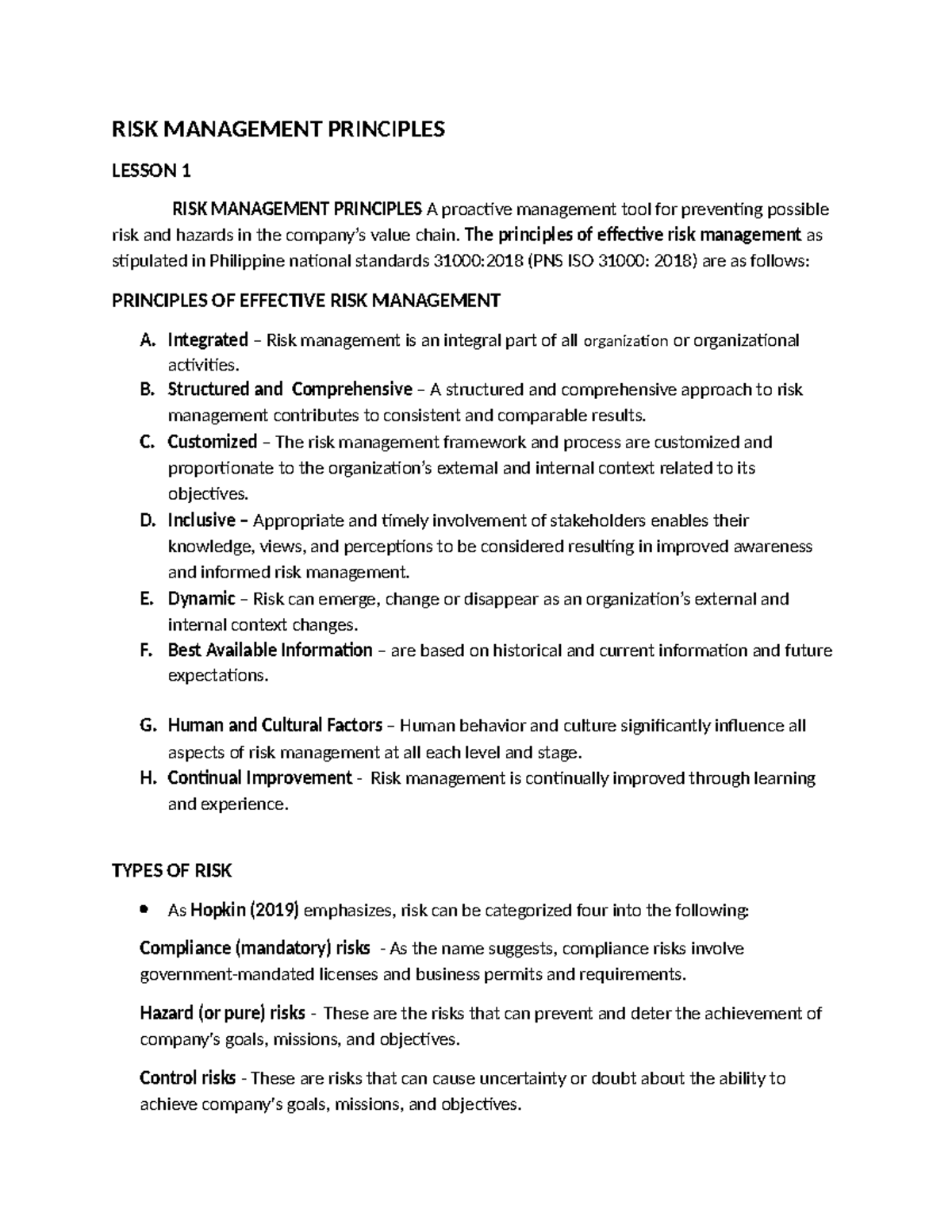 RISK MANAGEMENT PRINCIPLES & ASSESSMENT LESSON 1 & 2 - Studocu