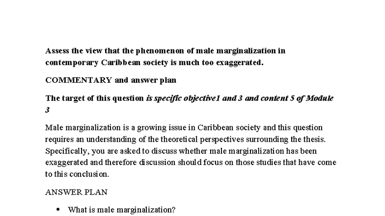 Essay - Male Marginalization in Contemporary Caribbean Society: An ...