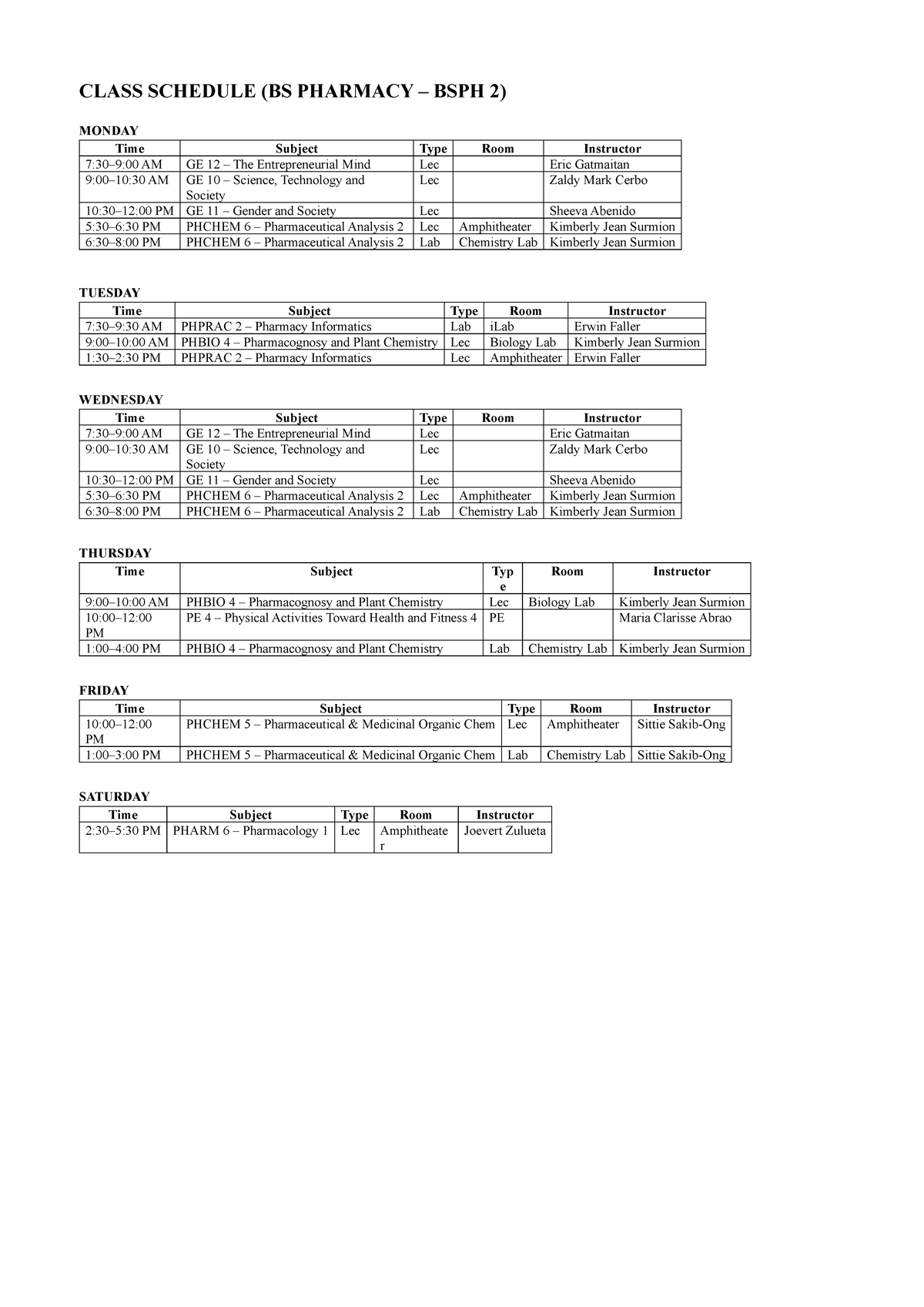 Class Schedule (BS Pharmacy BSPH 2) - Weekly Overview - Studocu