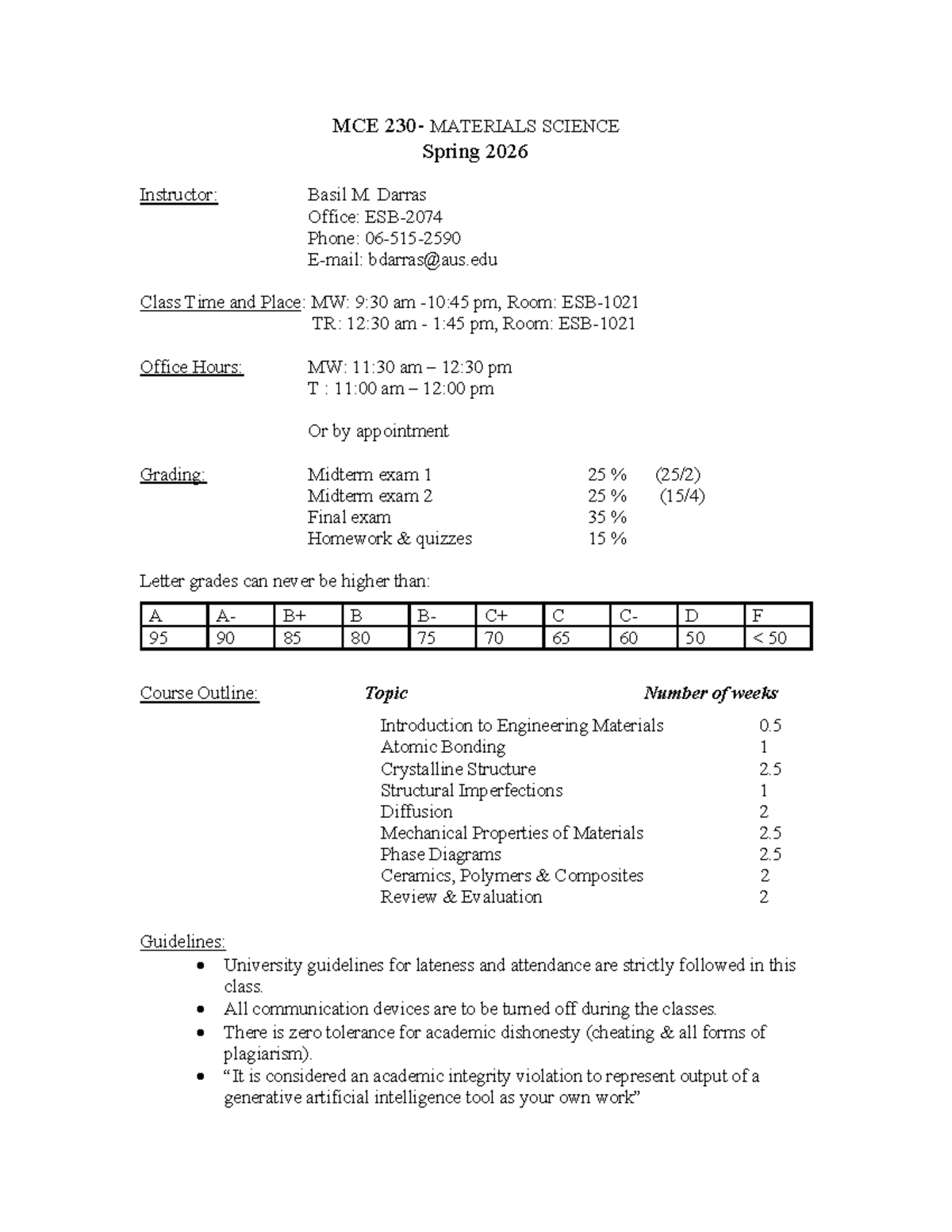 Outline-MCE230 - OUTLINE - MCE 230 - MATERIALS SCIENCE Spring 2026 ...
