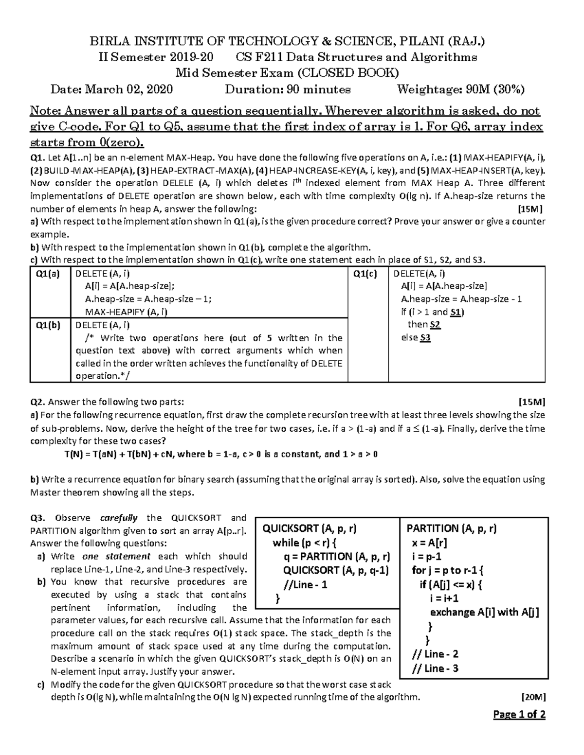 Data Structures and Algorithms Midsemester Paper - Page 1 of 2 BIRLA ...