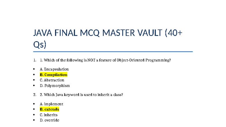 JAVA FINAL MCQ MASTER VAULT: 40+ Questions for Exam Prep - Studocu