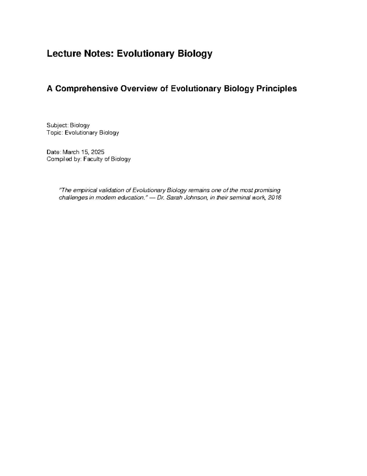 Lecture Notes: Evolutionary Biology (BIO 101) - Comprehensive Overview ...