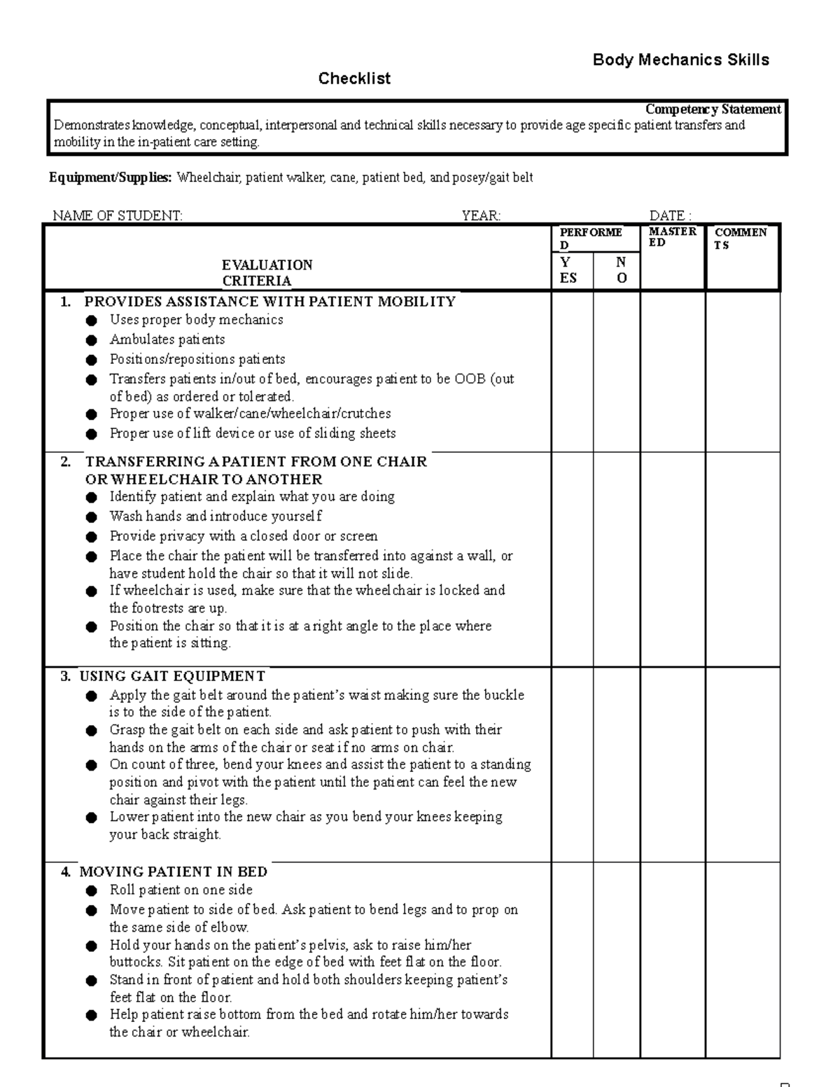 Body Mechanics Skills Evaluation Checklist for Patient Mobility - Studocu