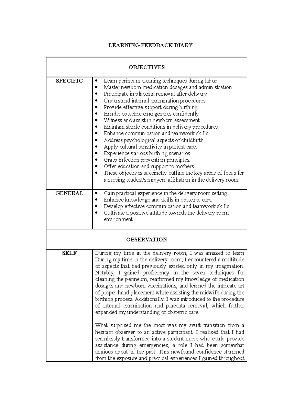 Learning Feedback Diary - LEARNING FEEDBACK DIARY OBJECTIVES SPECIFIC ...