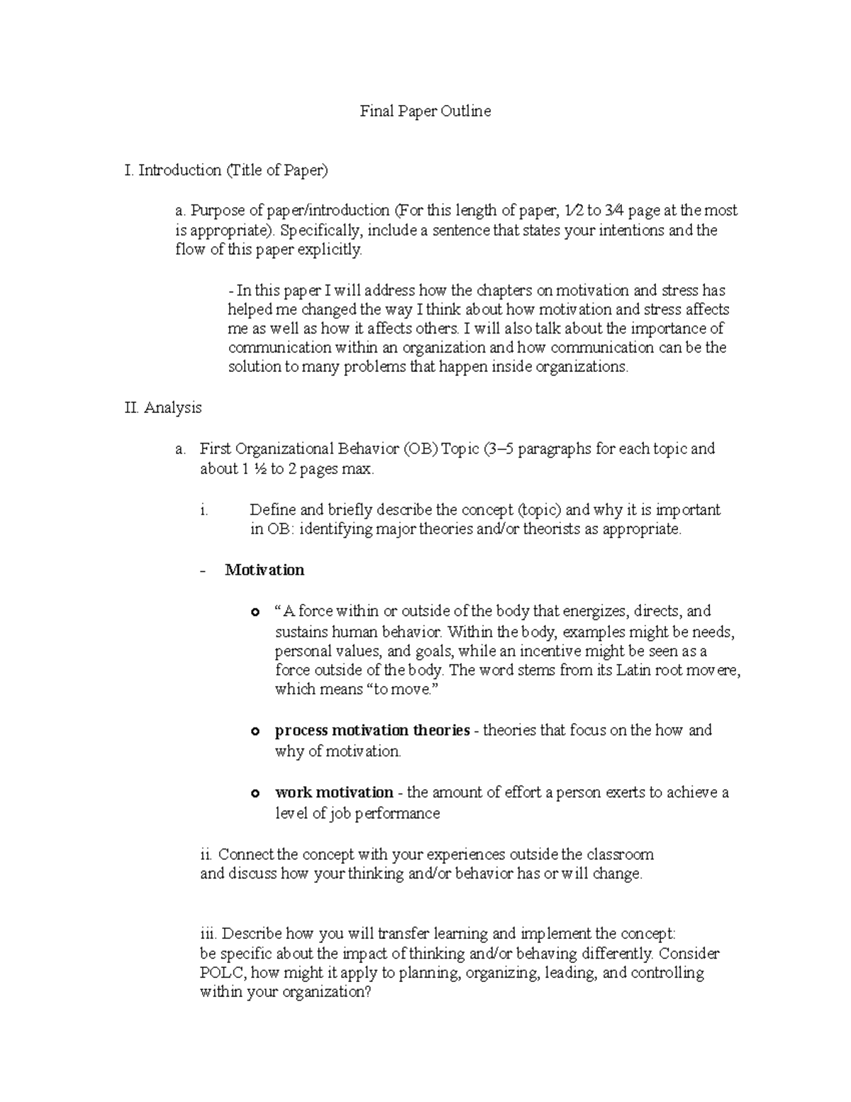 Final Paper Outline - Org. Behavior Application Project (OB 101) - Studocu