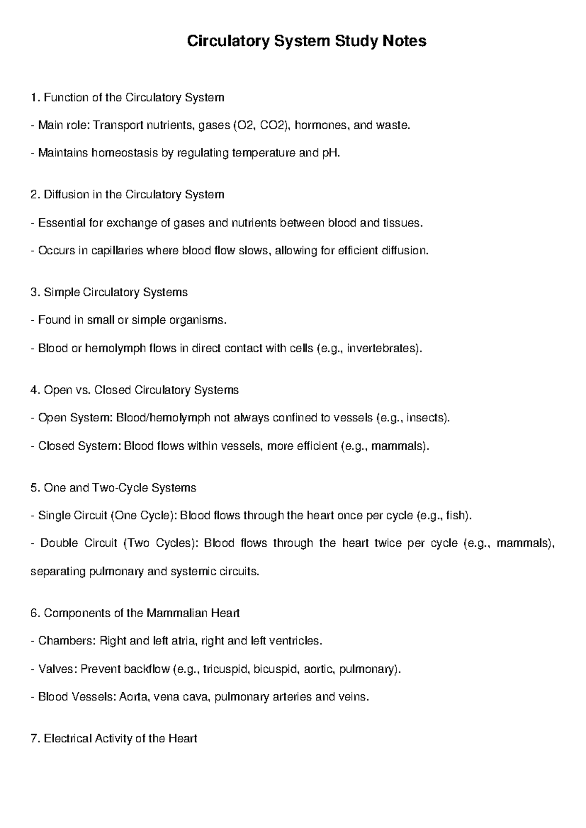 Circulatory System Study Notes: Functions, Structures, and Types - Studocu