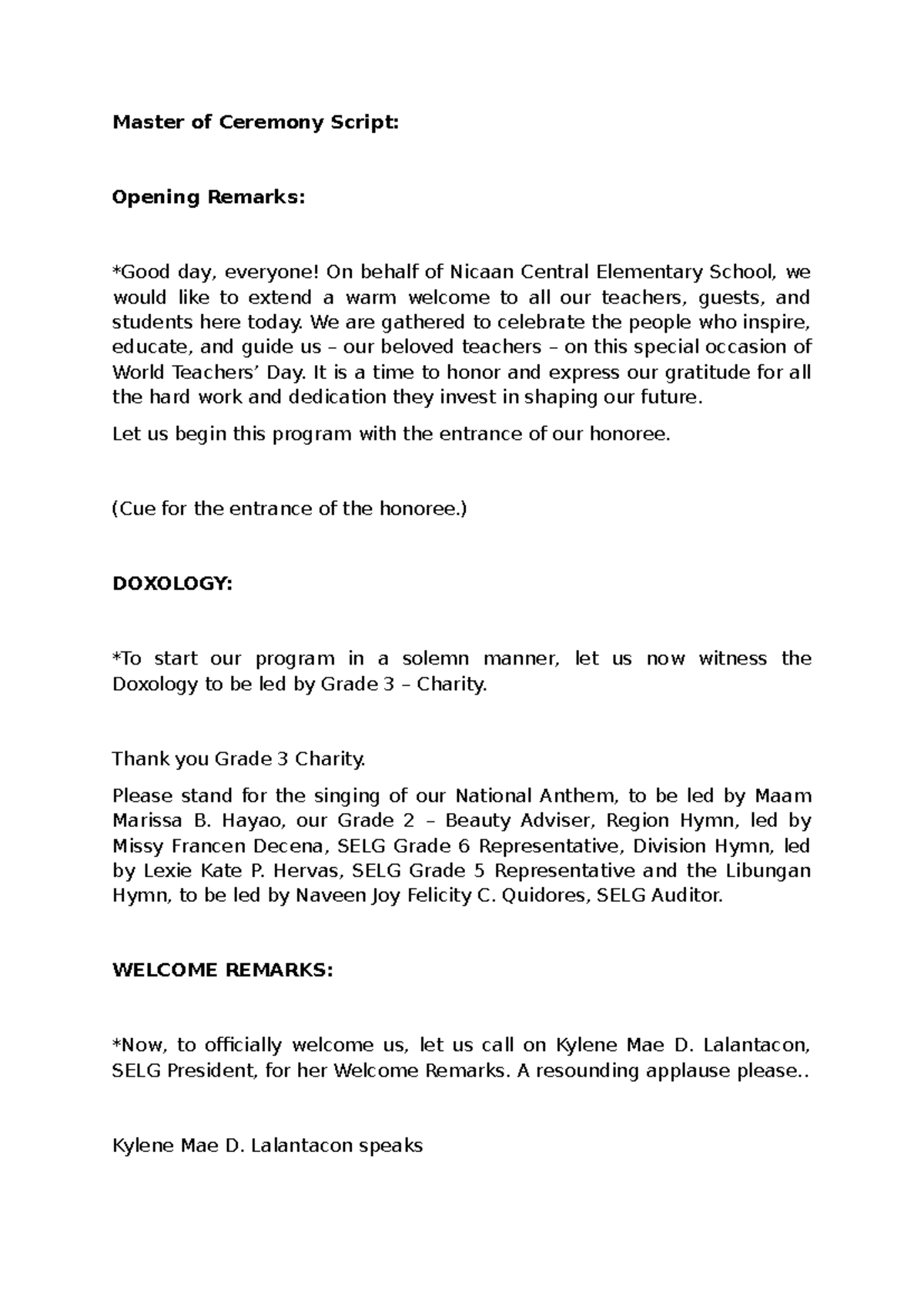 Script for Teachers Day - Master of Ceremony Script: Opening Remarks ...