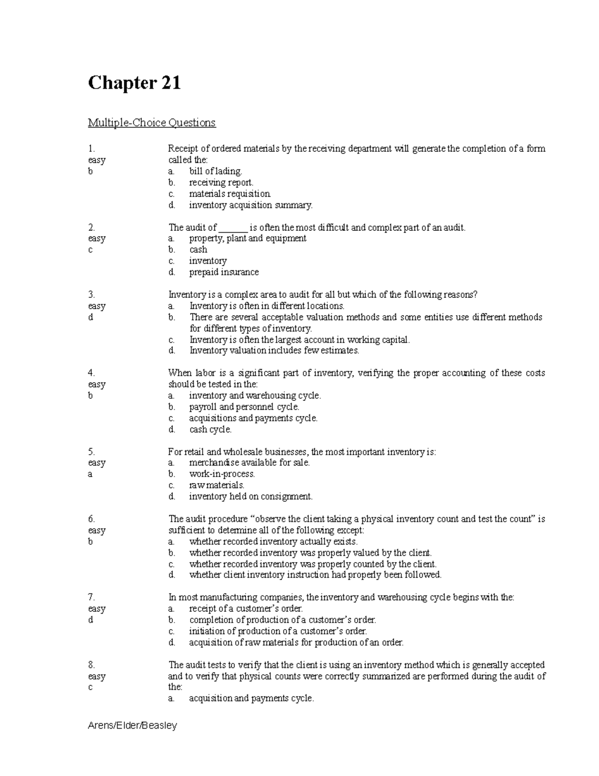 Chapter 21 - Audit and Control of Inventory: Multiple-Choice Questions - Studocu