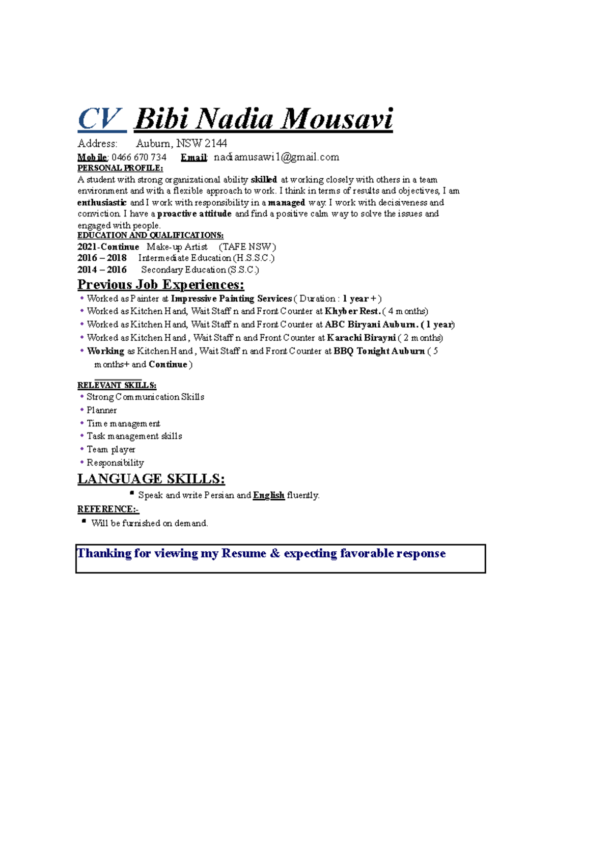 CV - Nadia Mousavi - Comprehensive Overview & Qualifications - Studocu