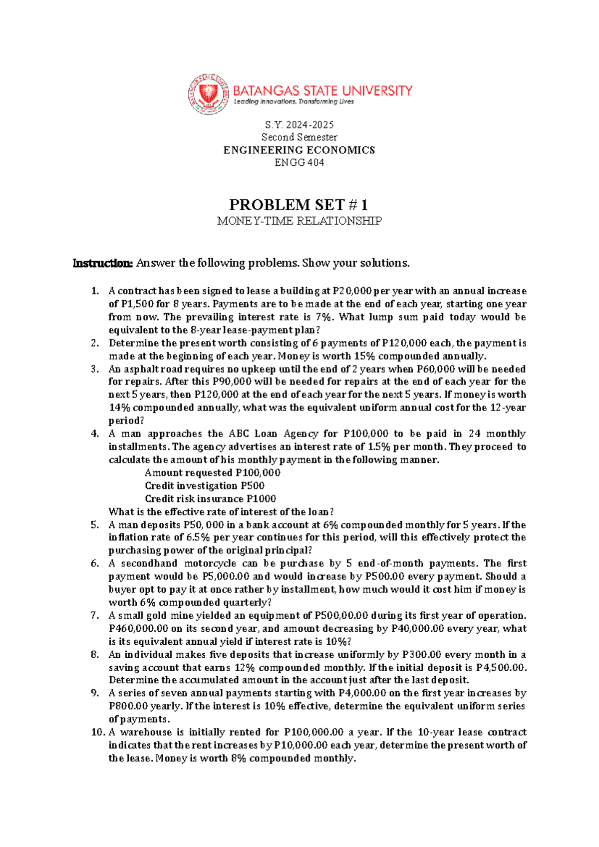 ENGINEERING ECONOMICS - S. 2024- 2025 Second Semester ENGINEERING ...