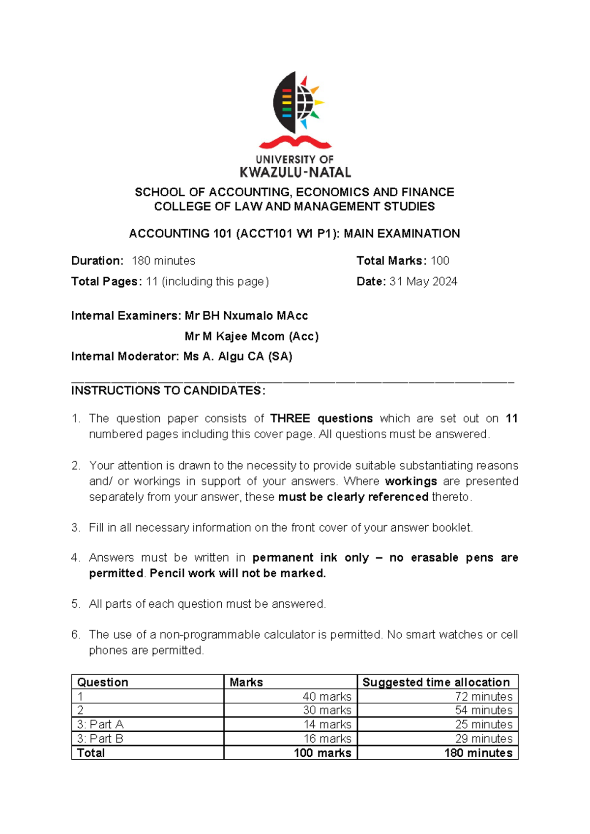ACCT101 W1 P1: 2024 Main Examination Question Paper and Instructions - Studocu