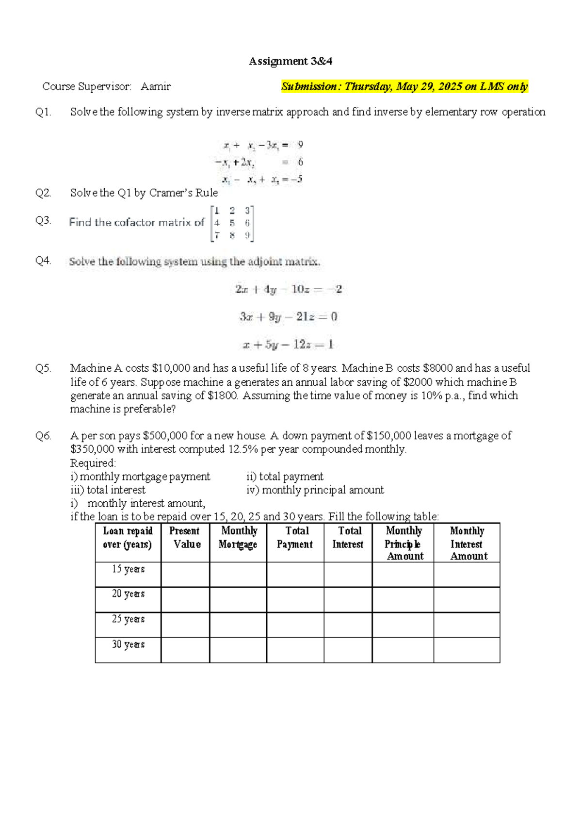 Financial Accounting Assignment 4: Inverse Matrices & Mortgage Analysis ...