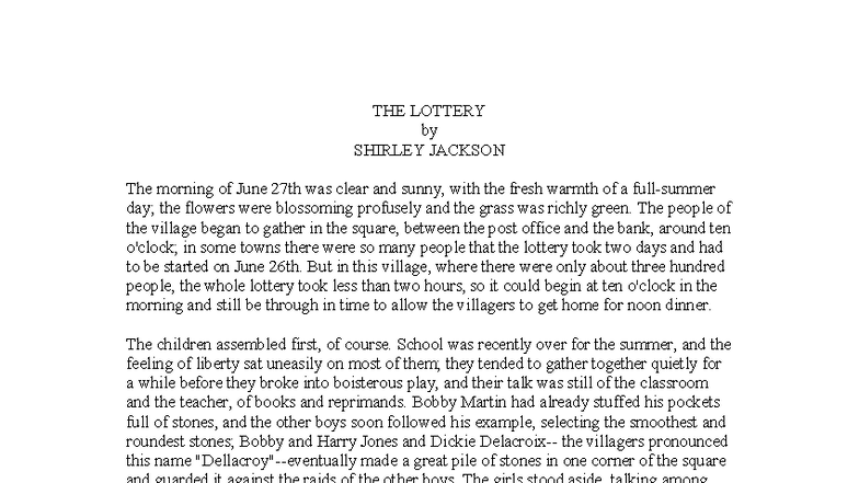 ENG 101: Analysis of "The Lottery" by Shirley Jackson - Studocu