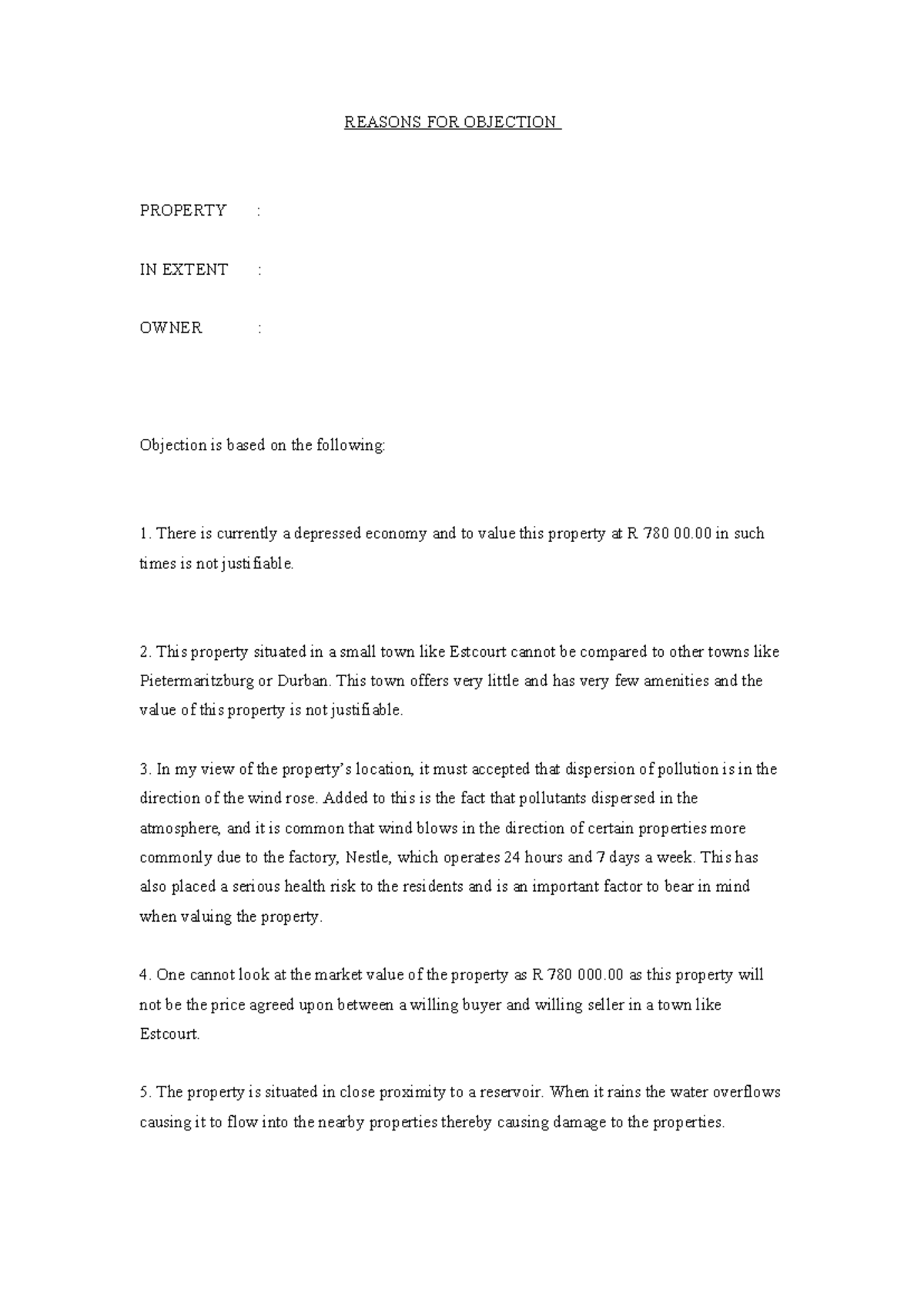 Objection Reasons for Property Valuation Issues in Estcourt - Studocu