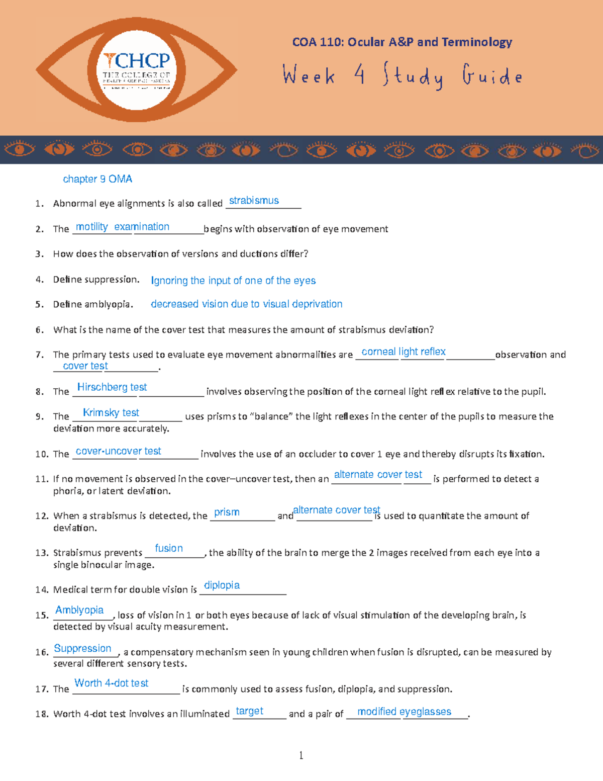 COA 110: Week 4 Ocular Terminology Study Guide on Strabismus - Studocu