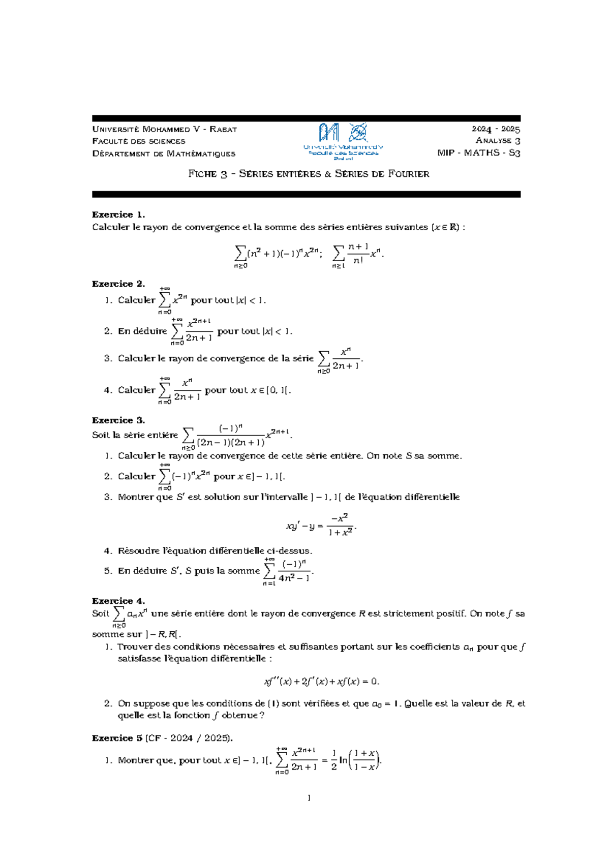 Analyse 3 MIP MATHS S3 - Fiche 3 de Fourier et Exercices 2024-2025 ...