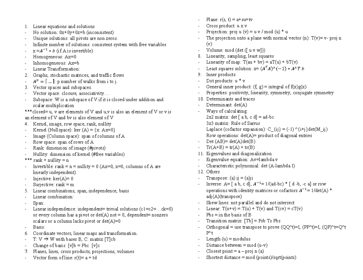 Linear Algebra Notes: Key Concepts and Solutions (Course Code: LA101 ...