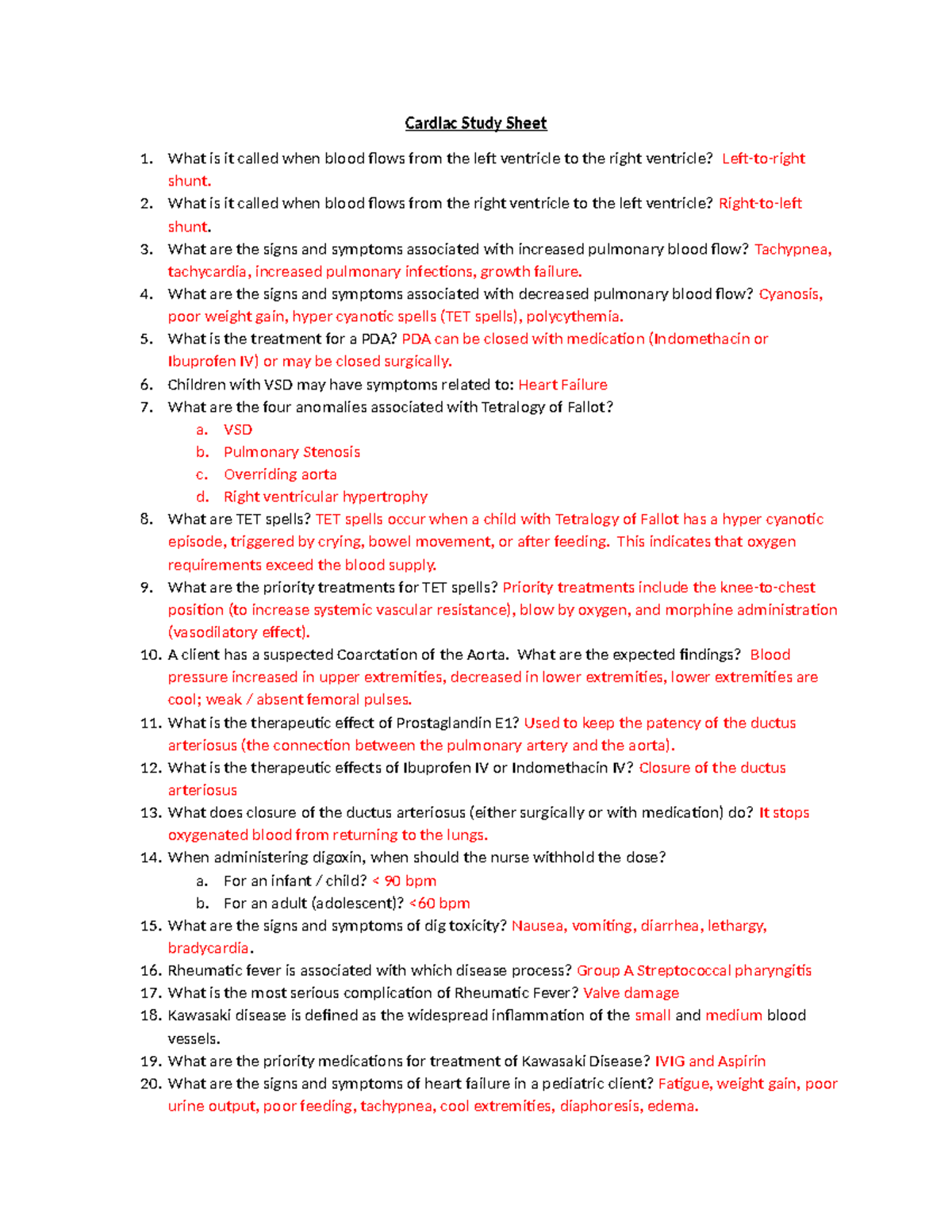Cardiac Study Sheet: Key Concepts for Pediatric Cardiology - Studocu