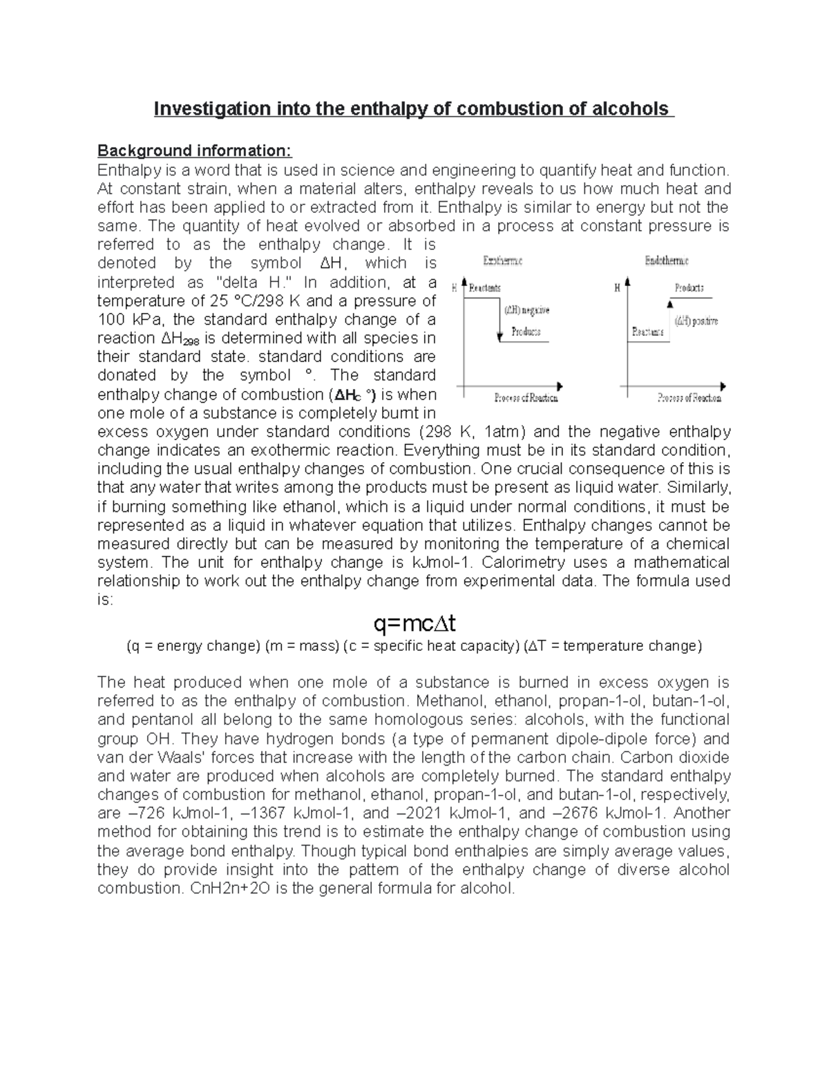 Investigation of Enthalpy Change of Combustion in Alcohols (Chem 101 ...