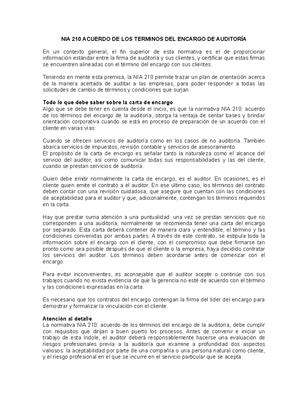 Resumen de NIA 210: Acuerdo de Términos de Auditoría - Studocu