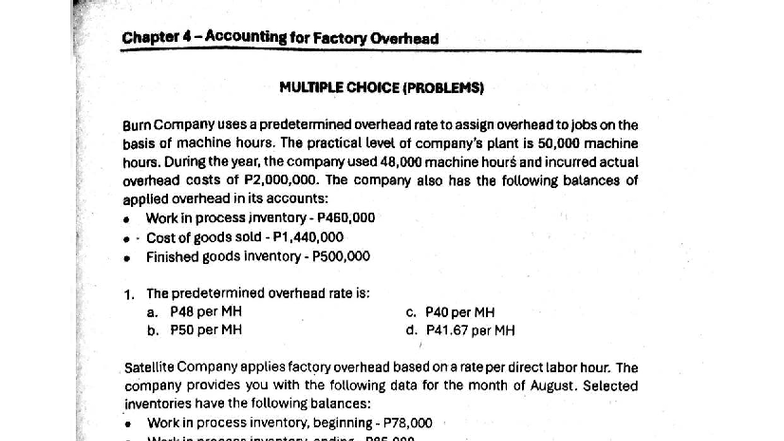 Chapter 4: Factory Overhead MC Problems (CS) - Studocu