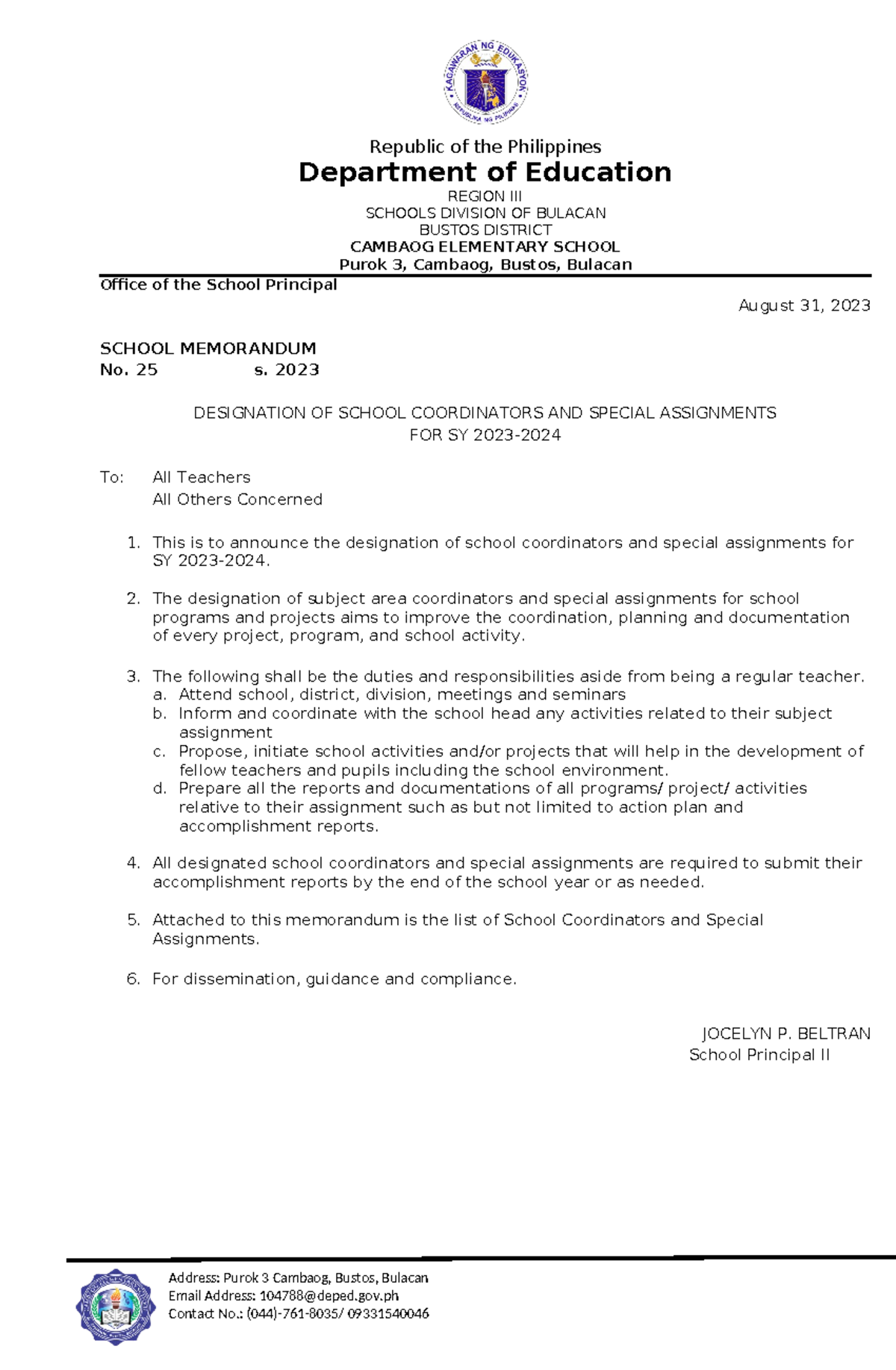 School Memo No. 25 s. 2023: Designation of Coordinators & Assignments ...