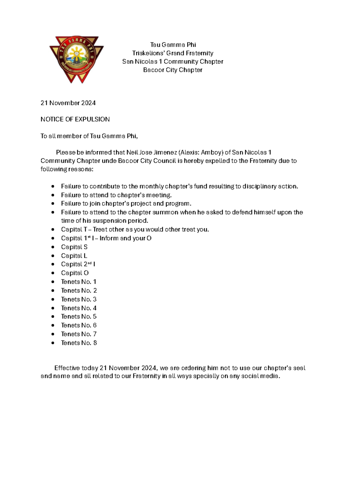 Tau Gamma Phi Expulsion Notice - San Nicolas 1 Chapter (Nov 2024) - Studocu