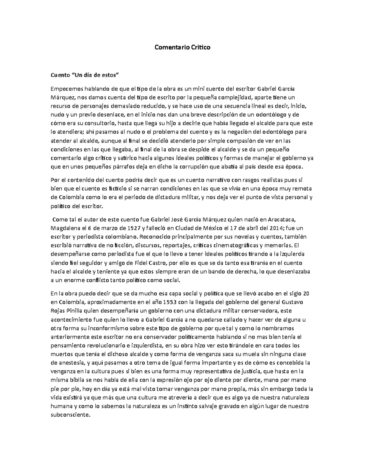 Análisis Crítico del Cuento "Un día de estos" de G. García Márquez ...