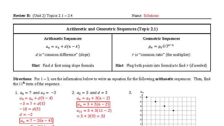 Review B Key: Unit 2 - Arithmetic & Geometric Sequences Solutions - Studocu