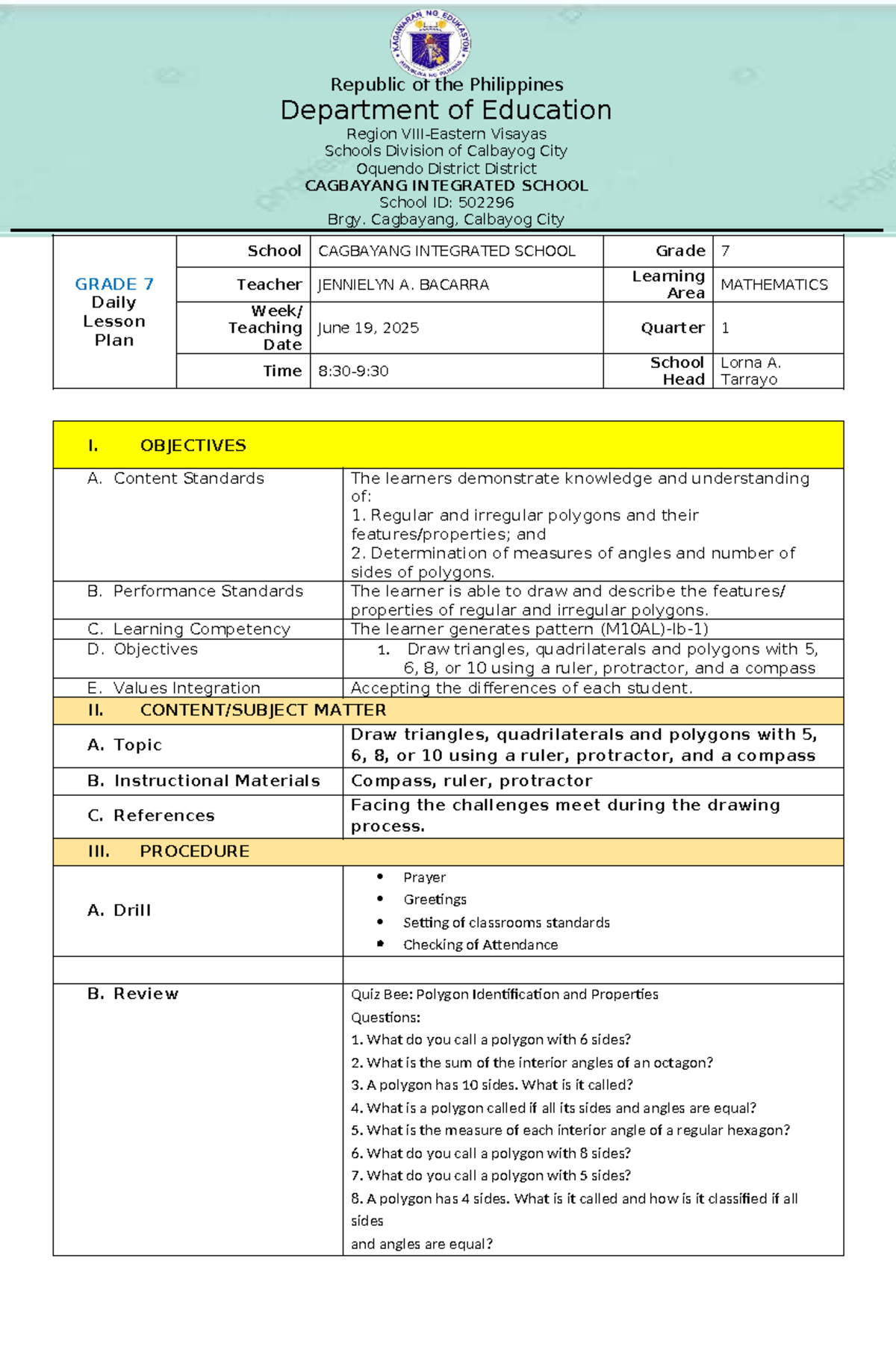 Grade 7 Math Lesson Plan: Polygons & Their Properties - Studocu