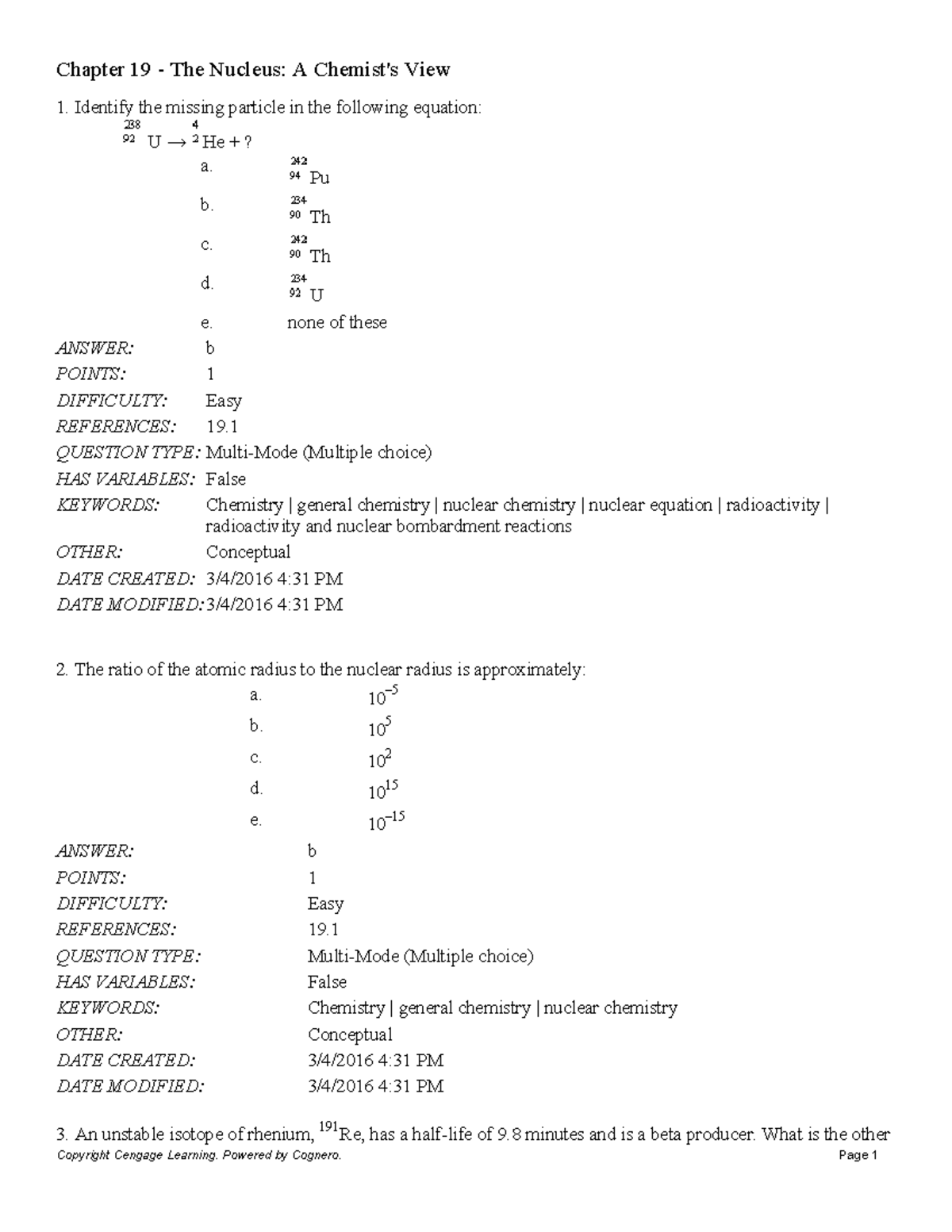 Chapter 19 The Nucleus: A Chemist's View - Quiz Questions and Answers ...