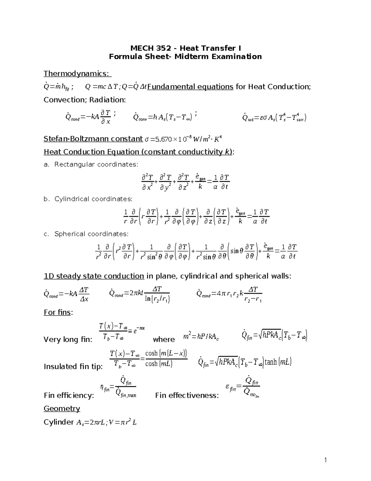 MECH352-Midterm-W2025-Formula Sheet - MECH 352 - Heat Transfer I Formula Sheet- Midterm ...