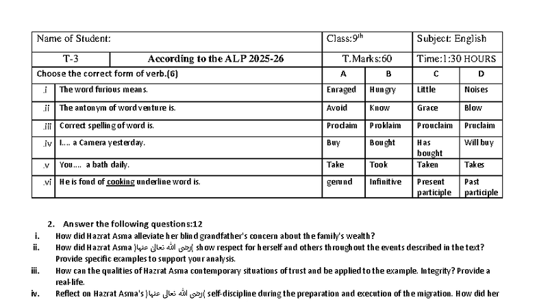 T-3 English 9th - Verb Forms and Hazrat Asma Analysis - Studocu