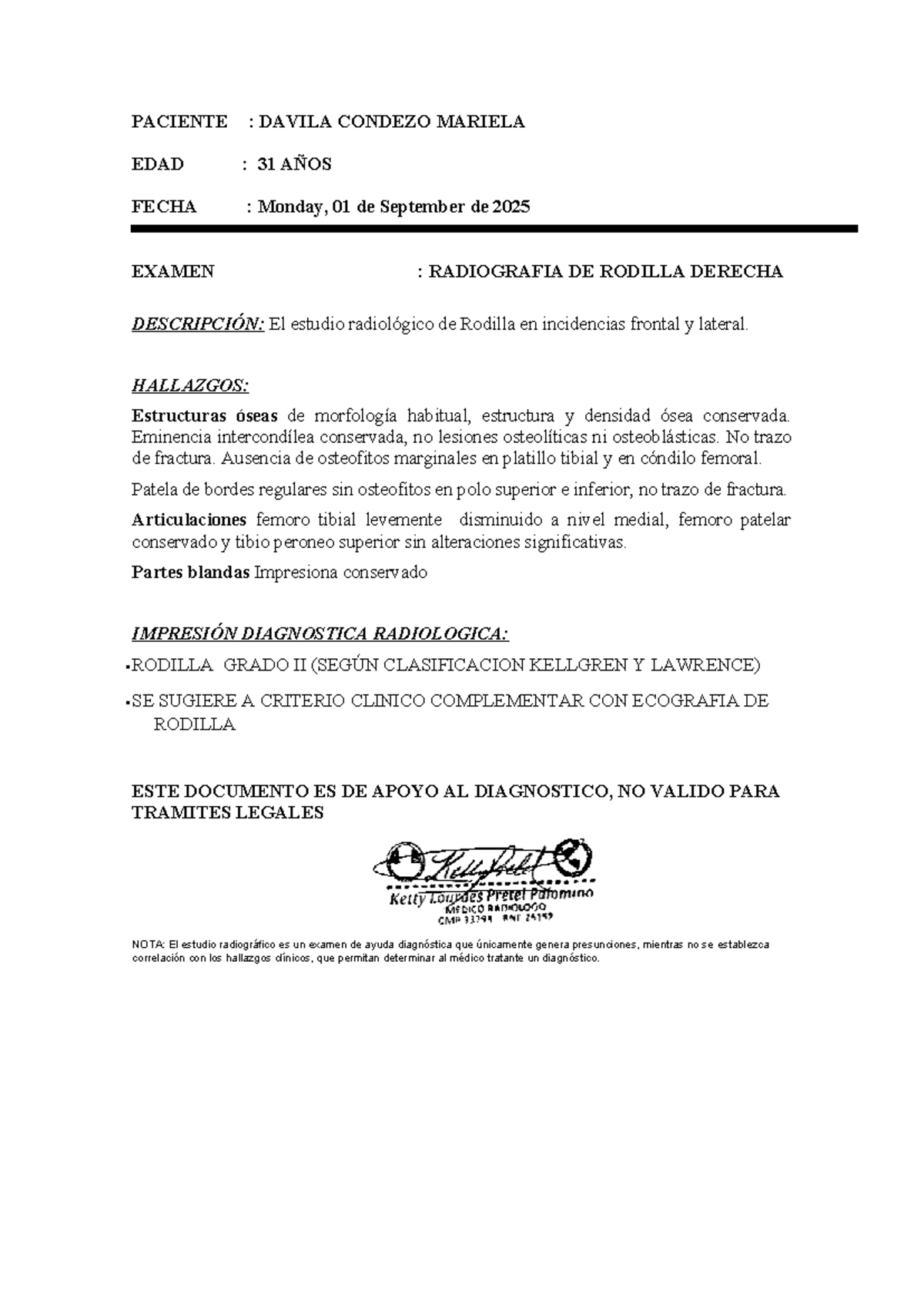 Radiografía de Rodilla Derecha - Informe Diagnóstico PACIENTE: DAVILA ...