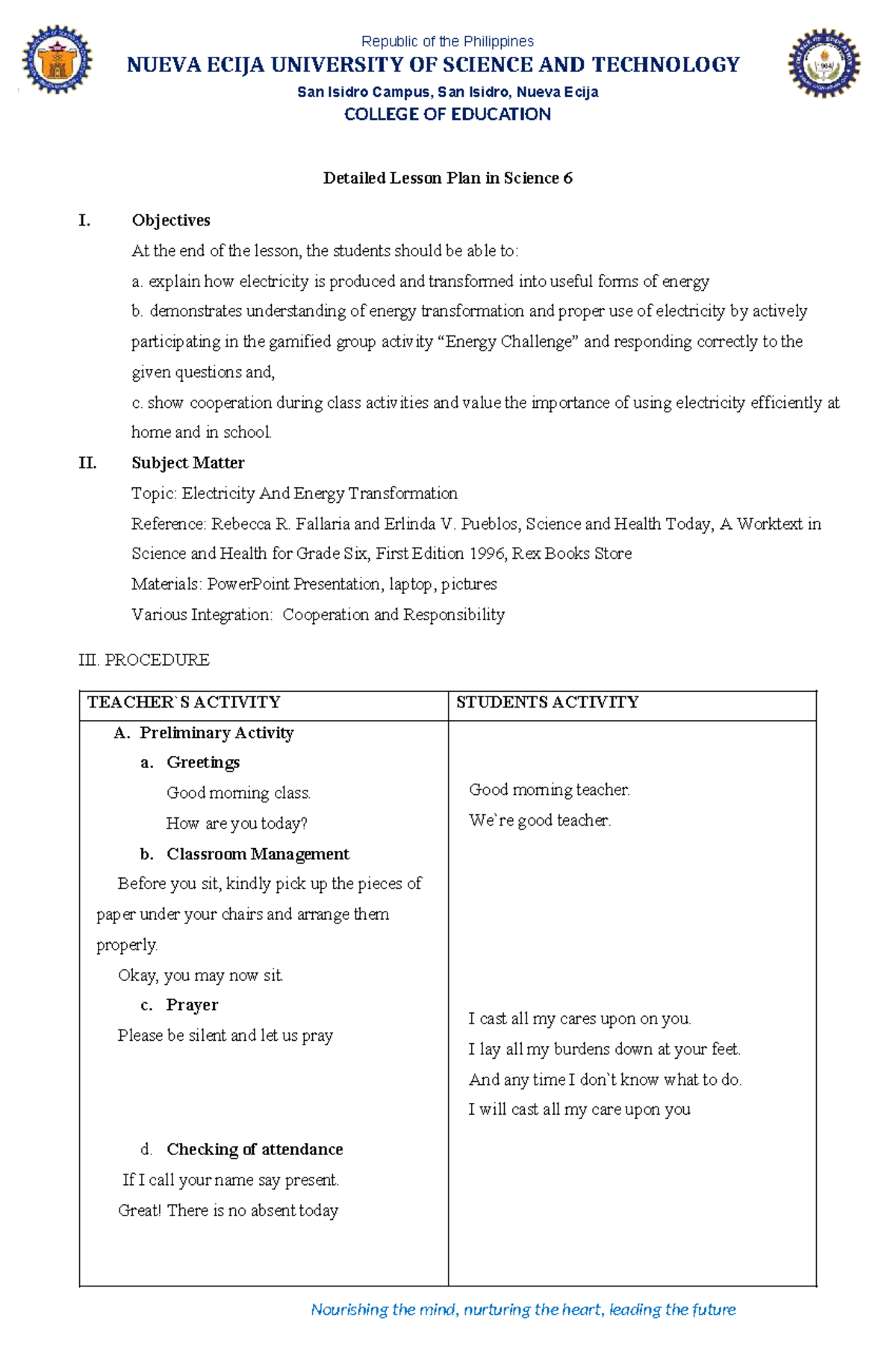 Detailed Lesson Plan in Science 6: Uses of Electricity (Q3, Week 5 ...