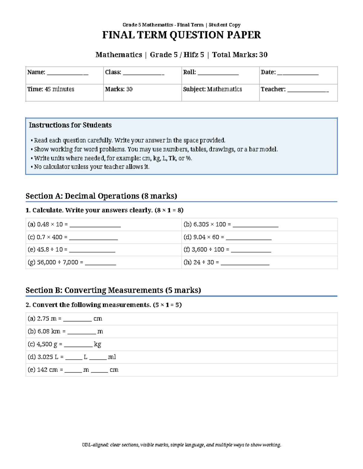 Grade 5 Mathematics Final Term Exam Paper - 30 Marks - Studocu