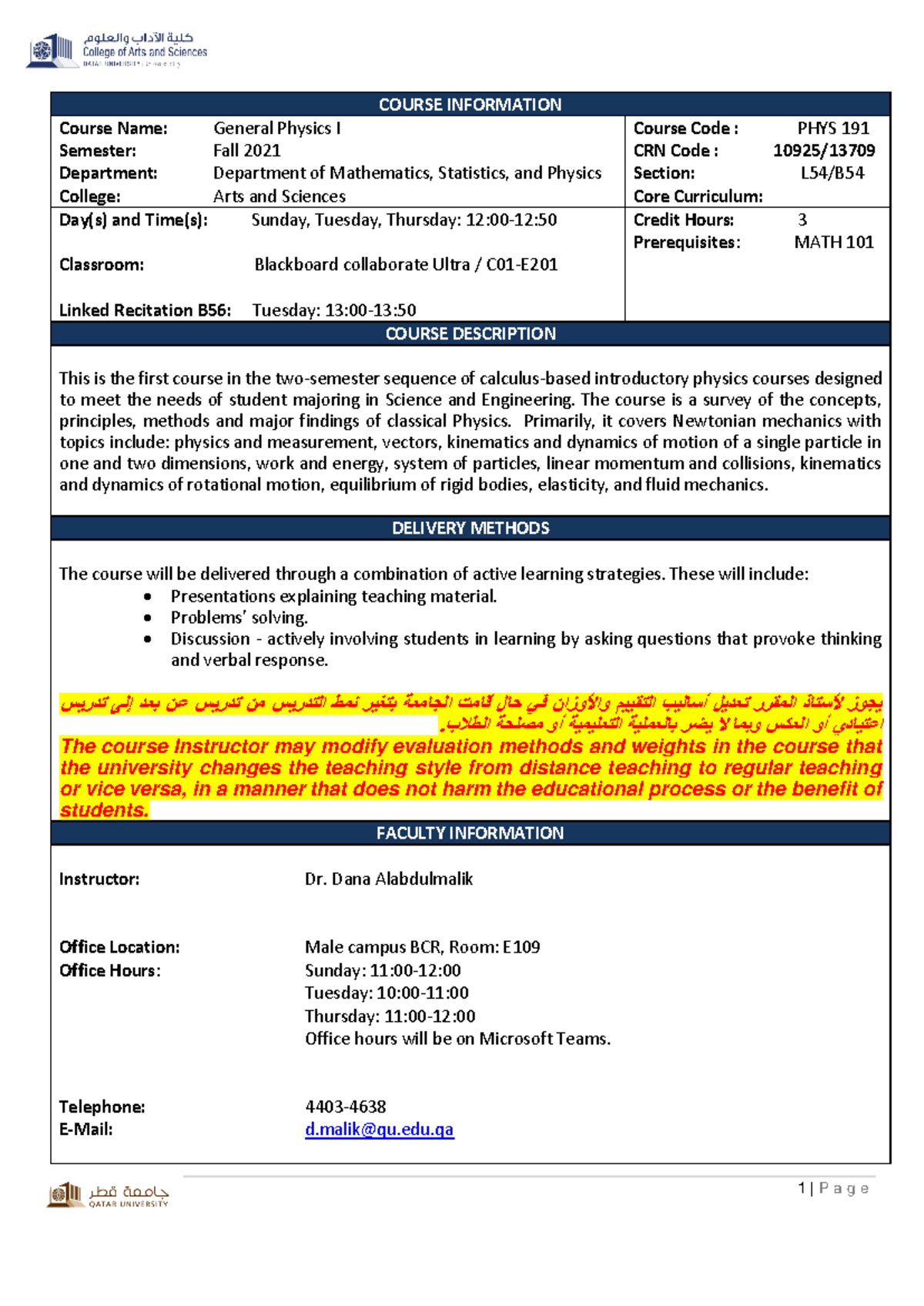 General Physics I Syllabus - PHYS 191, Fall 2021 - Studocu