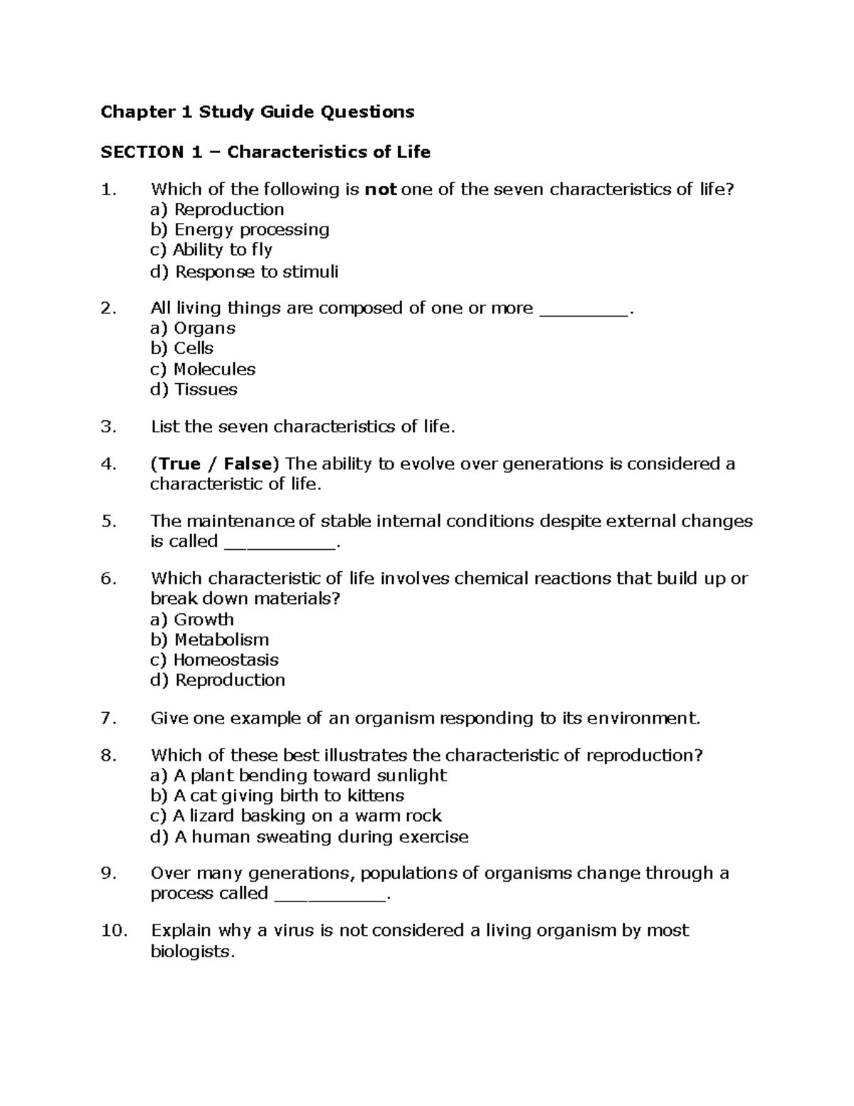Biology 101: Chapter 1 Study Guide - Characteristics of Life - Studocu