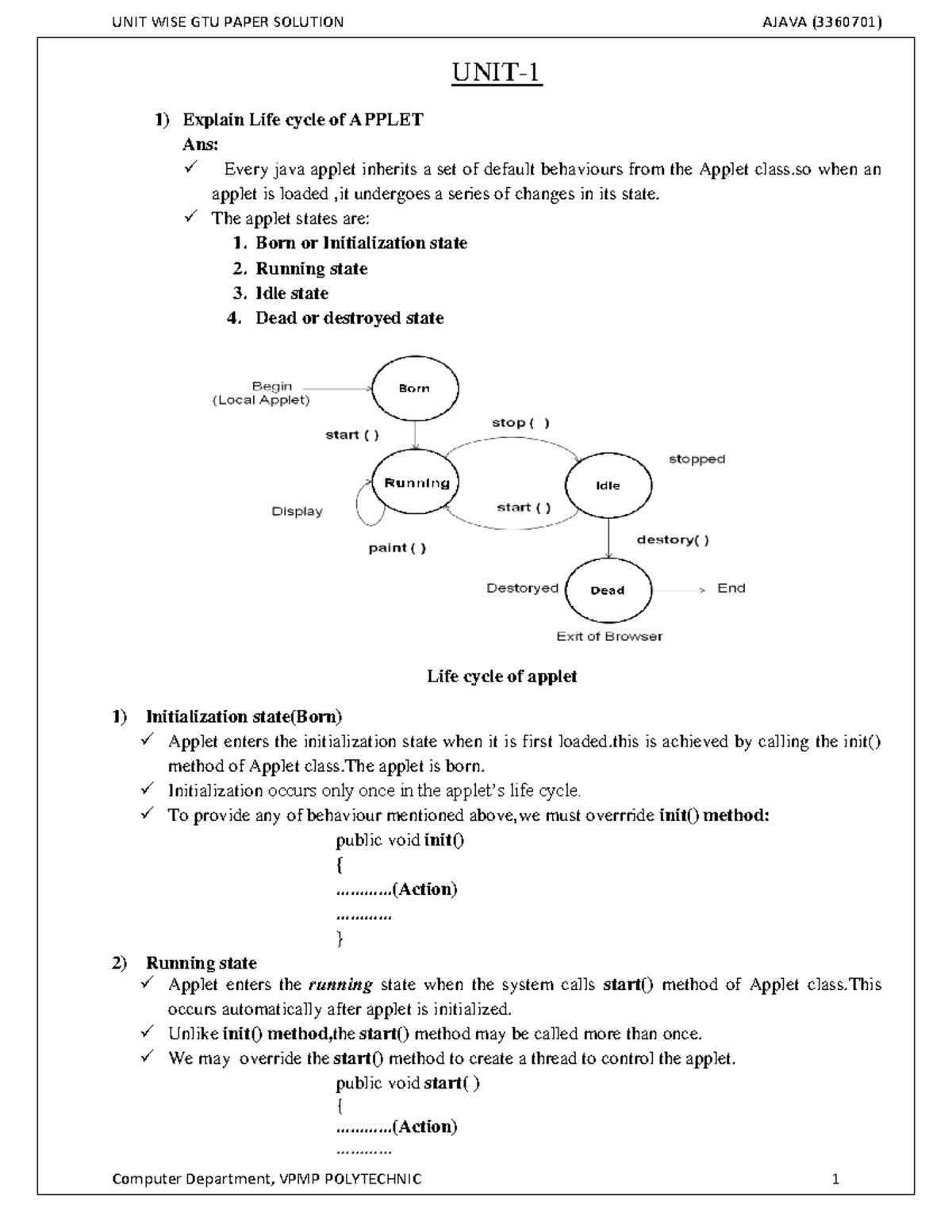 Imp question of advance java programming - UNIT- 1) Explain Life cycle ...