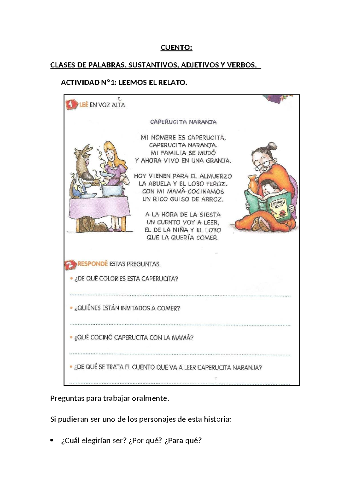 CUENTO: CLASES DE PALABRAS. SUSTANTIVOS, ADJETIVOS Y VERBOS. ACTIVIDAD ...