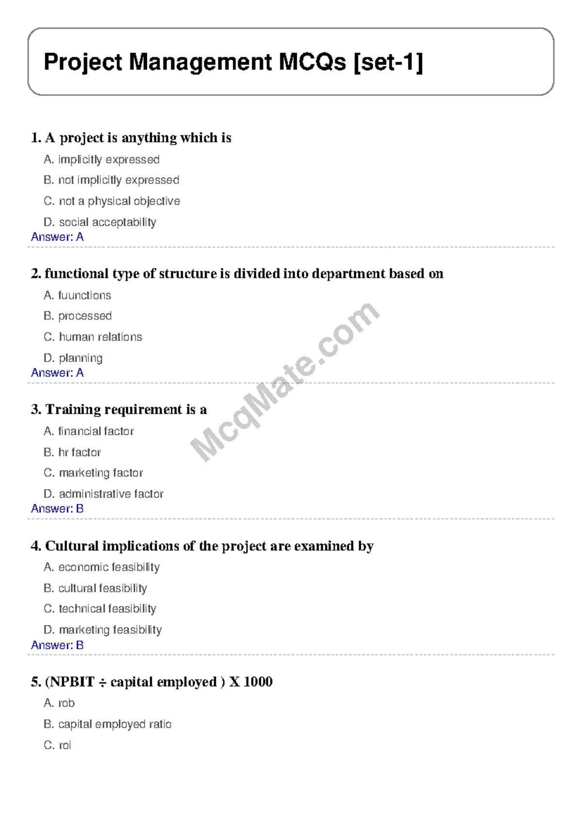 Project Management Solved MCQs [set-1] Mcq Mate.com - McqMate Project ...