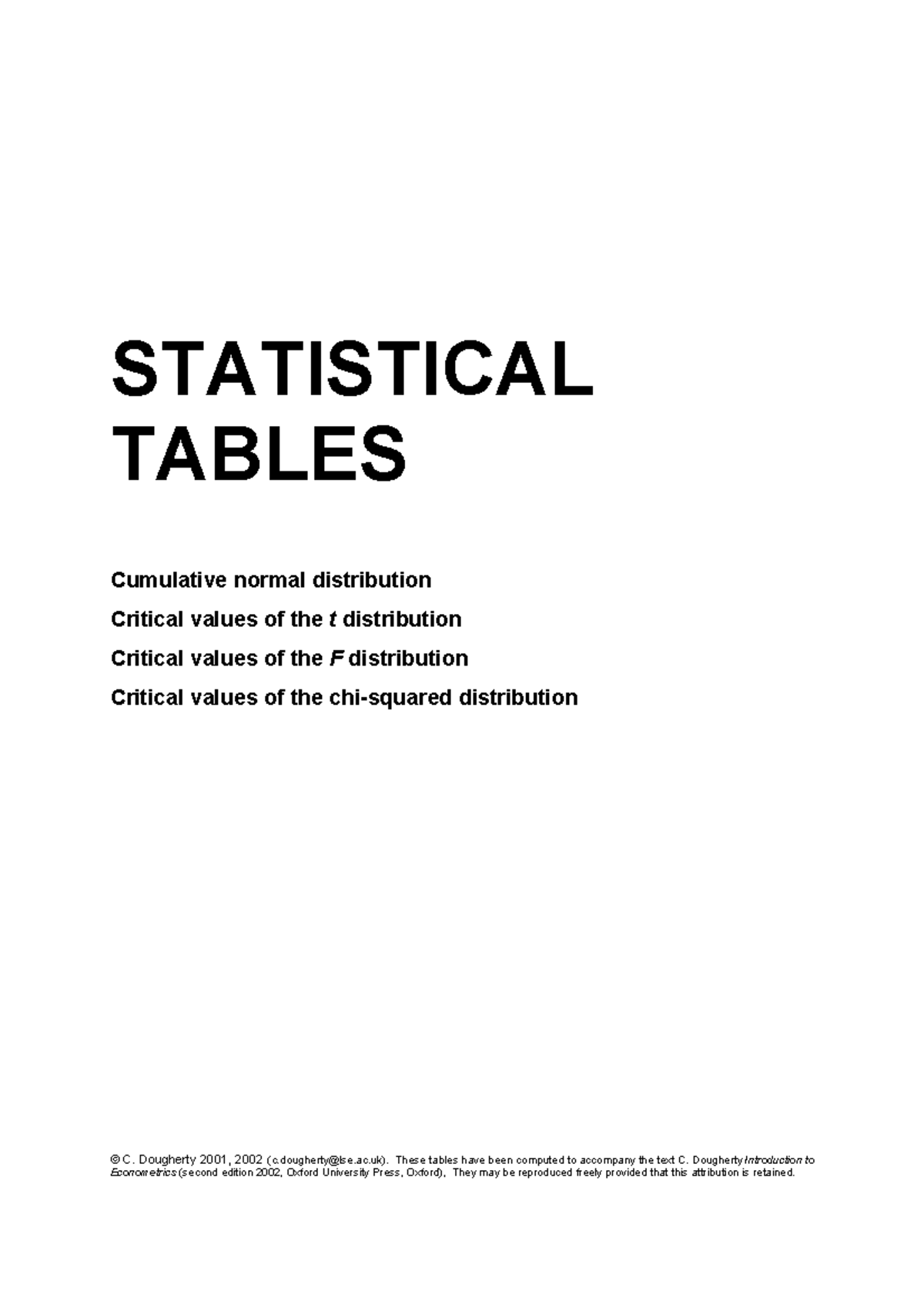 STAT 101: Statistical Tables for Econometrics - Key Values and Distributions - Studocu