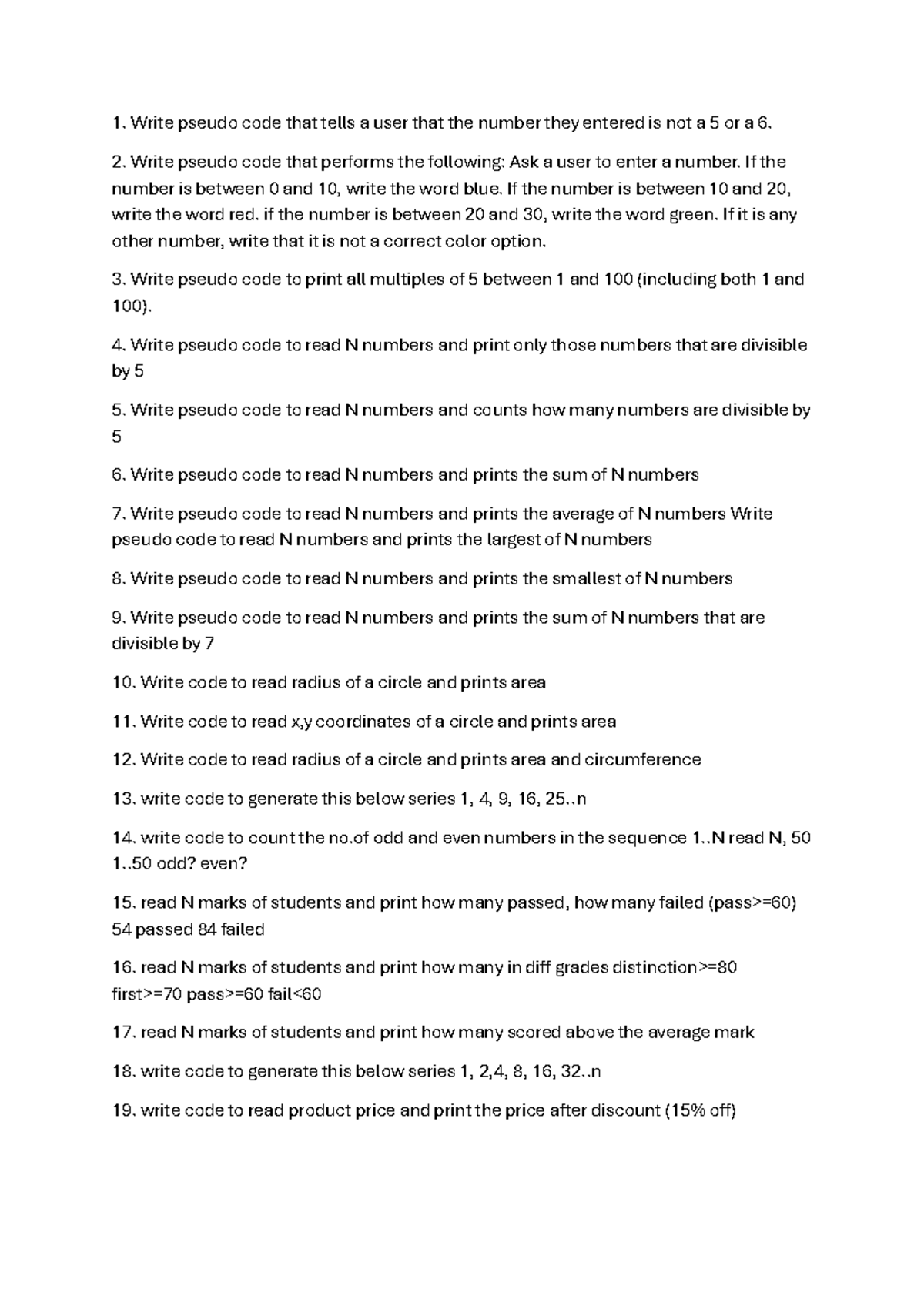 Pseudo Code Exercises for Logic & Conditionals in Programming - Studocu