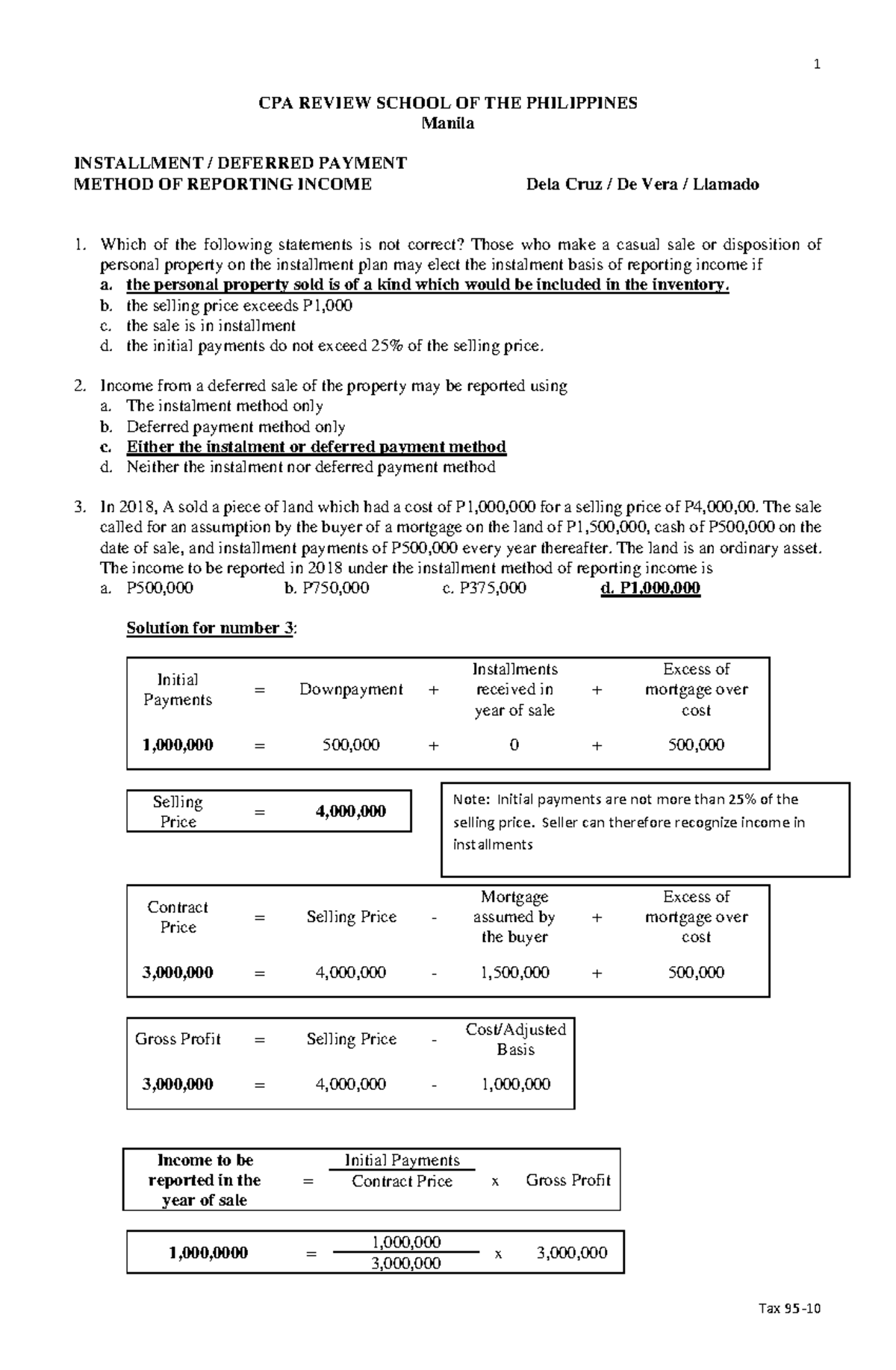 95-10 - Installment Method of Reporting Income - CPA REVIEW SCHOOL OF ...