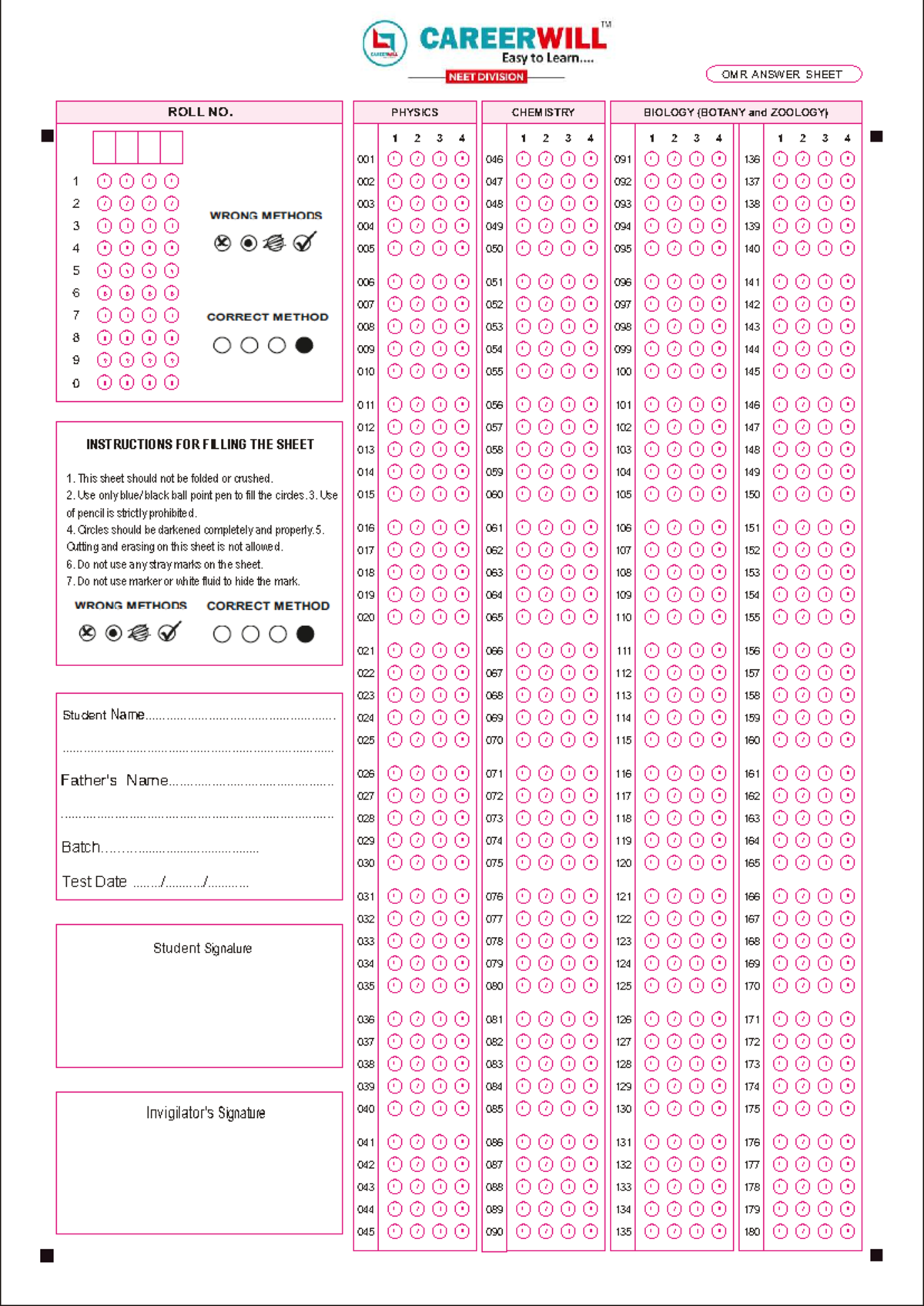 TM CAREERWILL NEET OMR Answer Sheet Instructions & Methods - Studocu