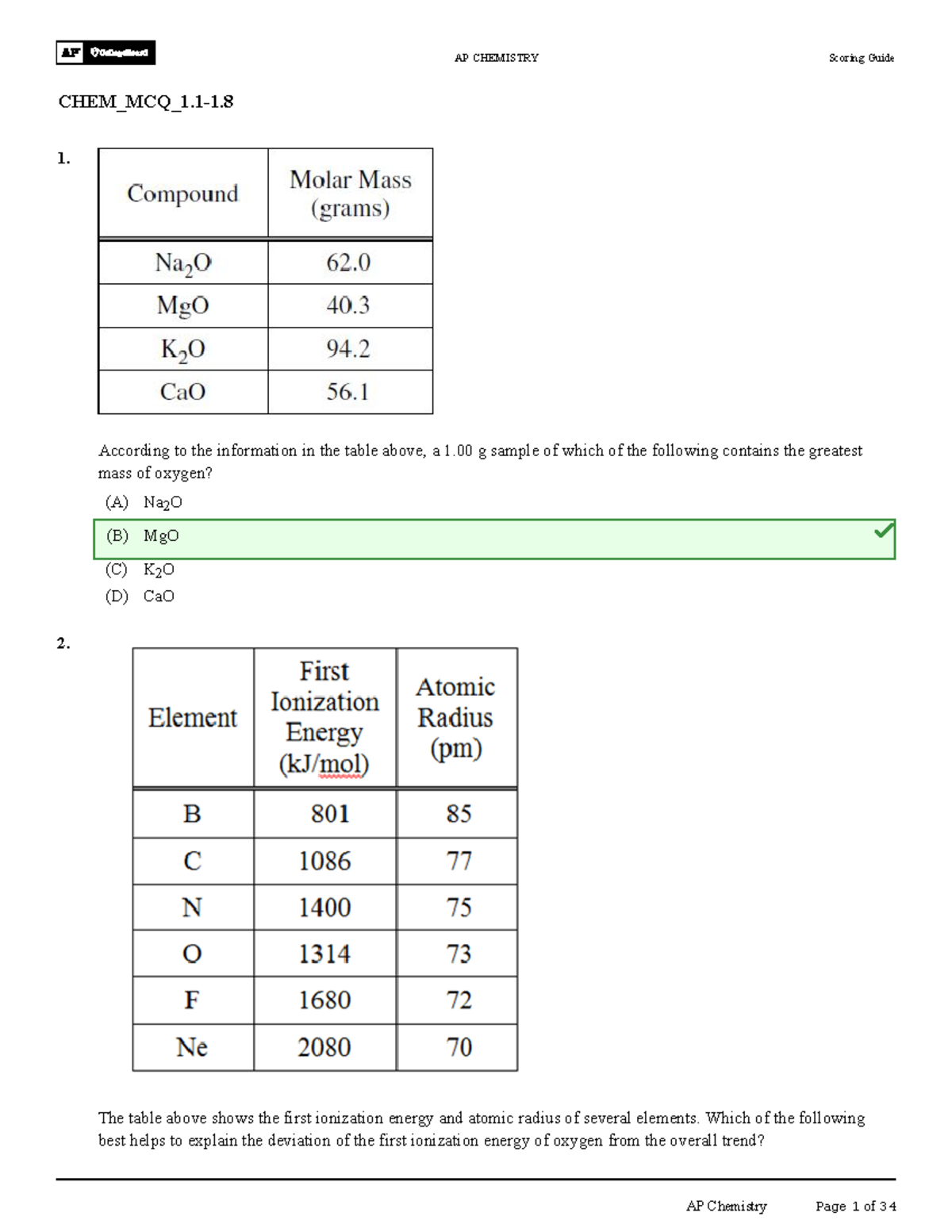 AP Chemistry Unit 1 MCQ - Final Exam Review - Studocu