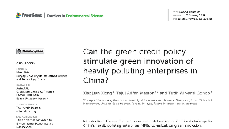 Can the Green Credit Policy Stimulate Green Innovation in HPEs? - Studocu