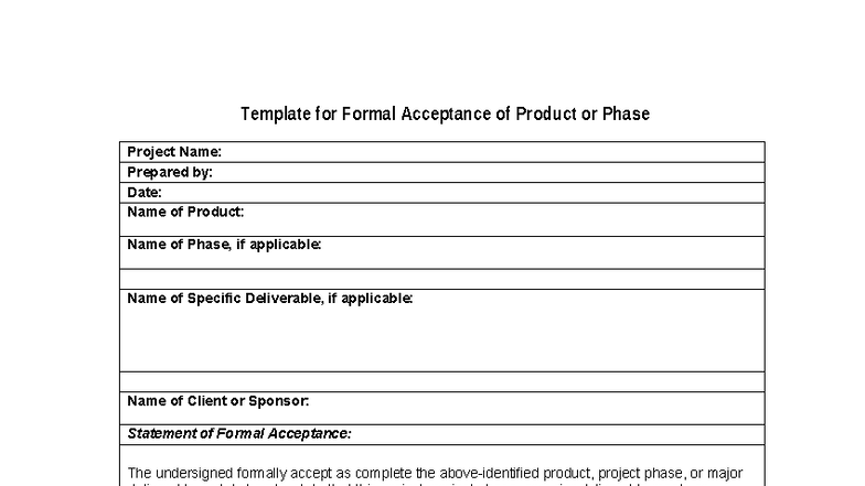 Formal Acceptance Template for Product/Phase Project - Studocu