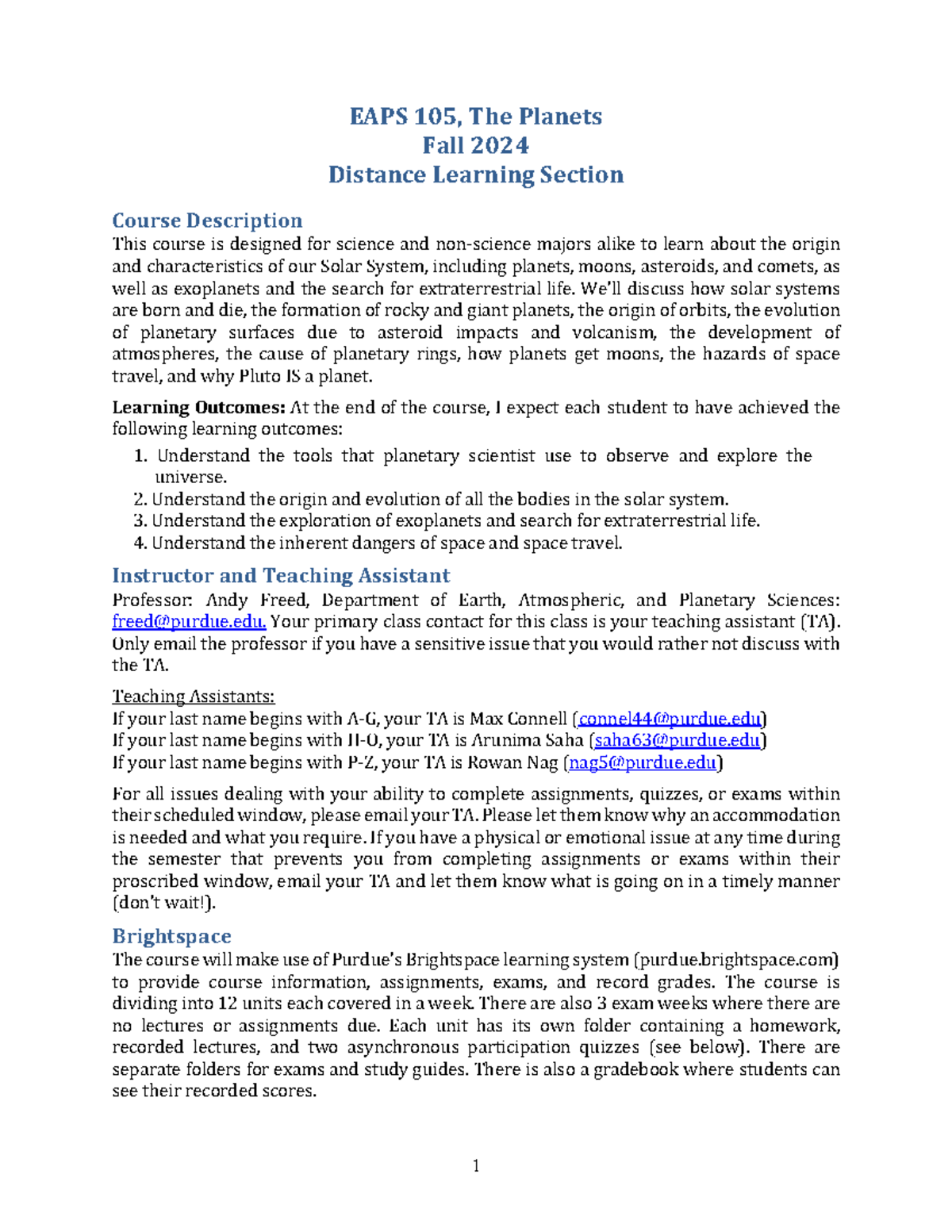 Syllabus for EAPS 105: The Planets - Fall 2024 Distance Learning - Studocu